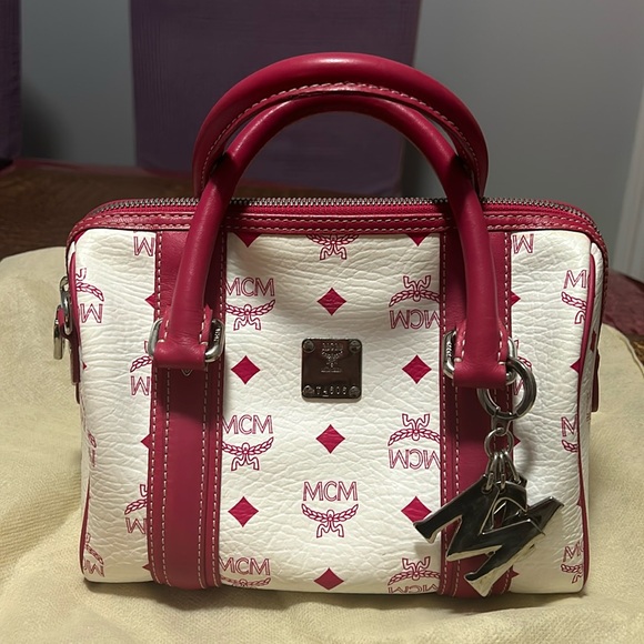MCM | Bags | Authentic Small Mcm Boston Monogram In White And Pink ...